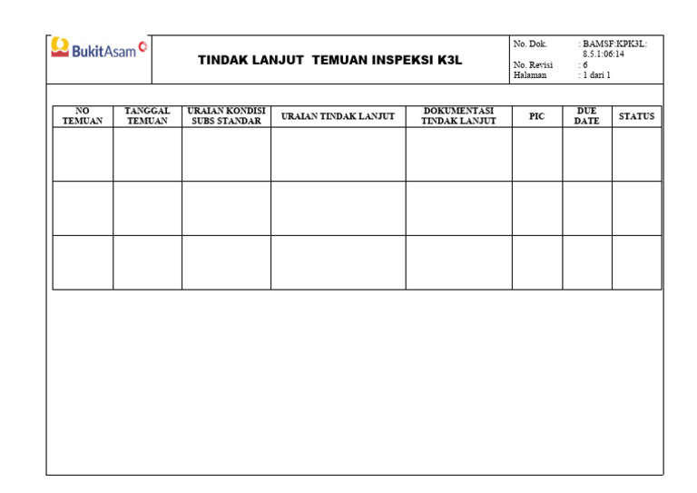 Form Tindak Lanjut Temuan Inspeksi K3L | PDF