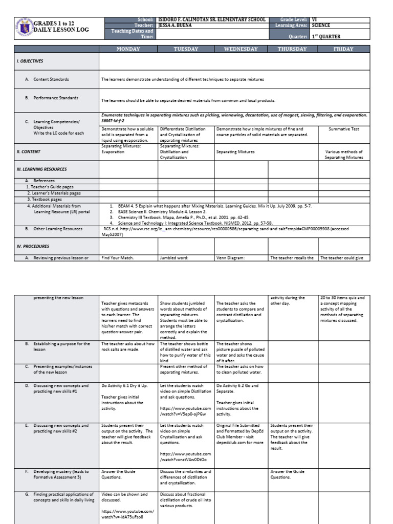DLL - Science 6 - Q1 - W6 | PDF | Learning | Cognition