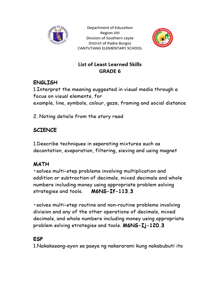 LLS Grade 6 q1 Sample Only | PDF | Cognition