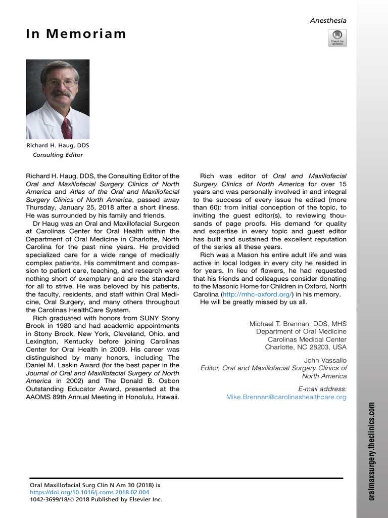 In-Memoriam Richard H. Haug, DDS | PDF | Oral And Maxillofacial Surgery | Surgery
