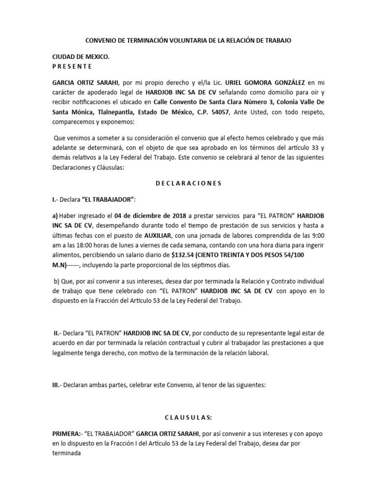 Convenio de Terminación Voluntaria de La Relación de Trabajo | PDF | Derecho laboral | Tiempo de ...