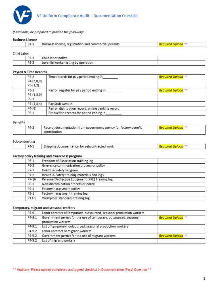 VF Compliance Audit Documentation Checklist | PDF | Audit | Occupational Safety And Health