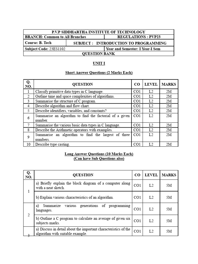 IP - PVP23 Question Bank | PDF | Algorithms | Computer Programming