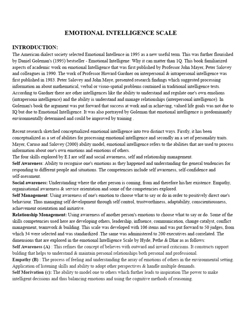 Emotional Intelligence Scale Overview | PDF | Emotional Intelligence ...