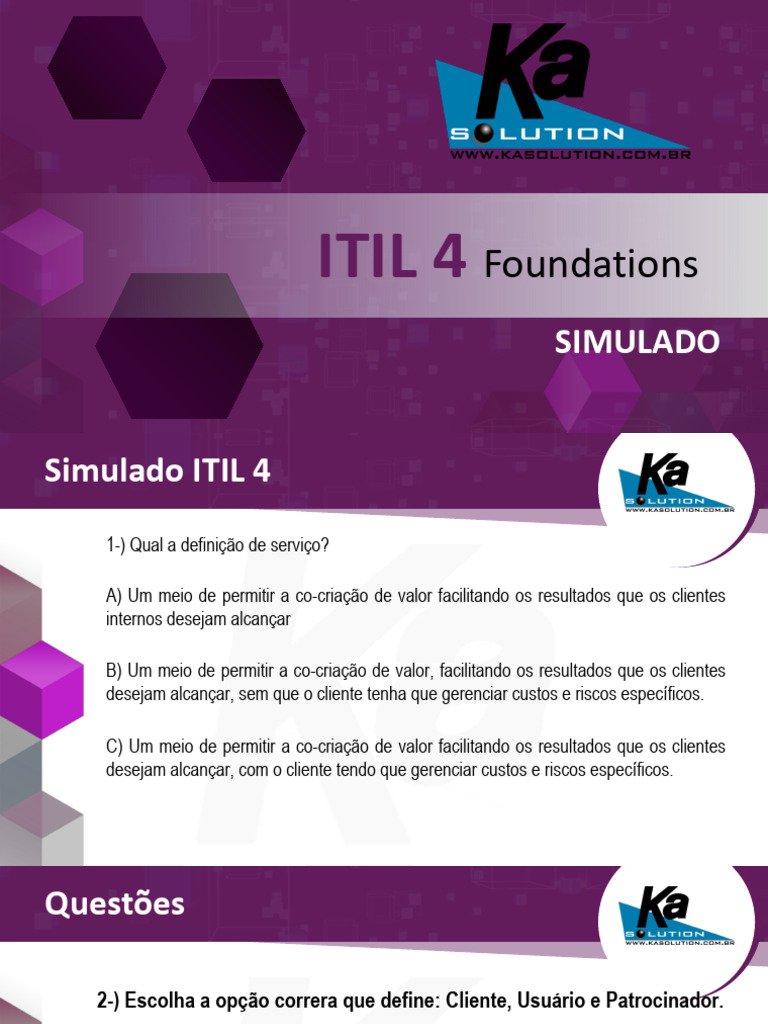 Simulado ITIL 4 | PDF | Itil | Cadeia de valor
