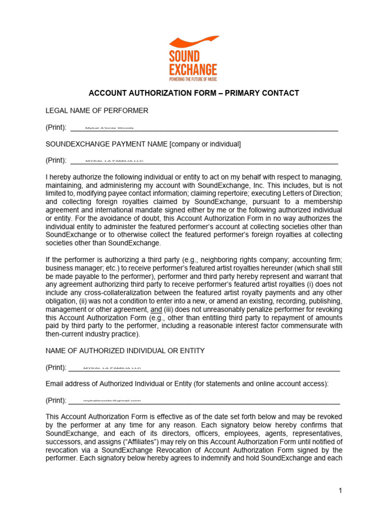 SoundExchange Account Authorization Form | PDF | Royalty Payment ...