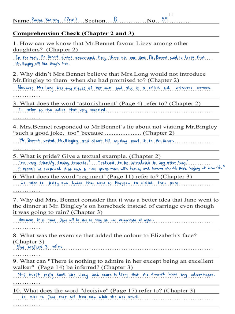 Chapter2,3 - Comprehension Check | PDF | Pride And Prejudice | English Language Novels