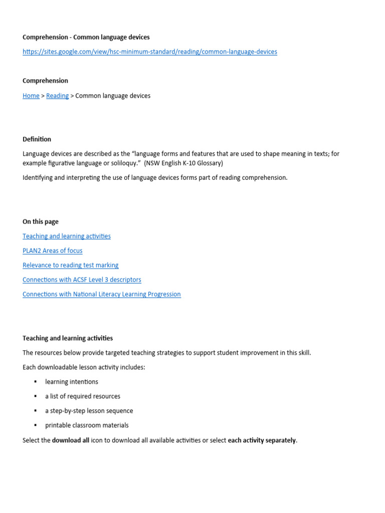 Comprehension Common language devices | PDF | Reading Comprehension | Cognitive Science