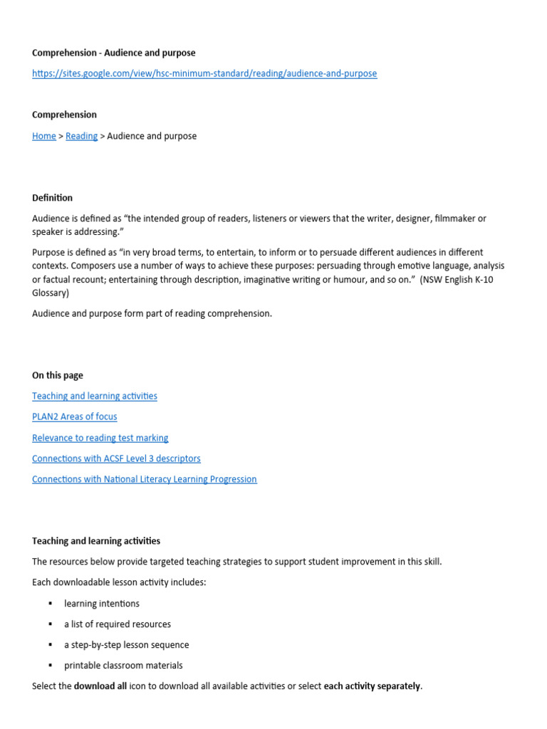 Comprehension Audience and Purpose | PDF | Reading Comprehension | Behavior Modification