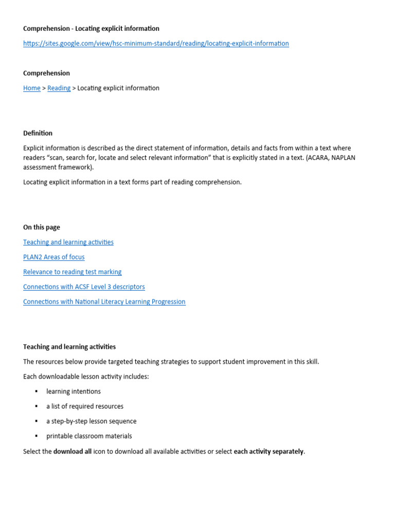 Comprehension Locating Explicit Information | PDF | Reading ...