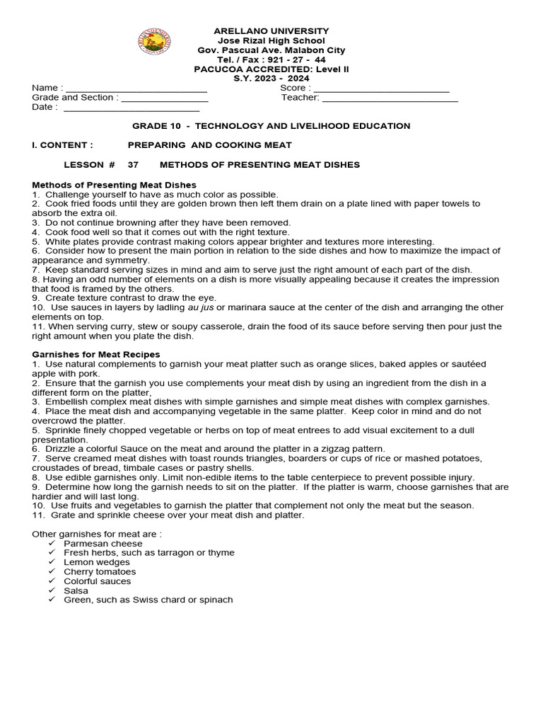 Lesson 37 Meat Methods Presenting Meat Dishes Garnishes | PDF | Garnish ...