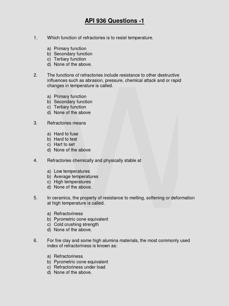 API 936 Refractory Exam Questions | PDF | Refractory | Aluminium Oxide