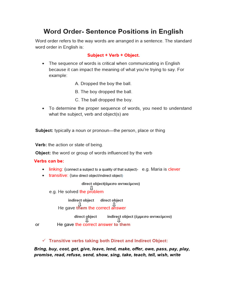 Word Order | PDF | Verb | Subject (Grammar)