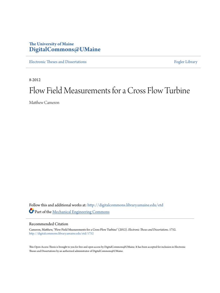 Flow Field Measurements For A Cross Flow Turbine | PDF | Turbulence | Turbine