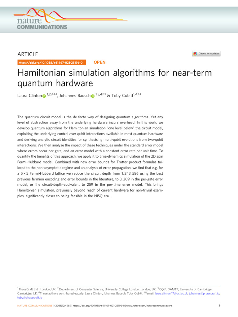 Hamiltonian Simulation Algorithms For Near-Term Quantum Hardware | PDF | Quantum Computing ...