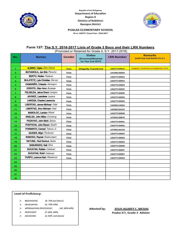(Record) Form137 Name Summary - g3 2016-17 | PDF