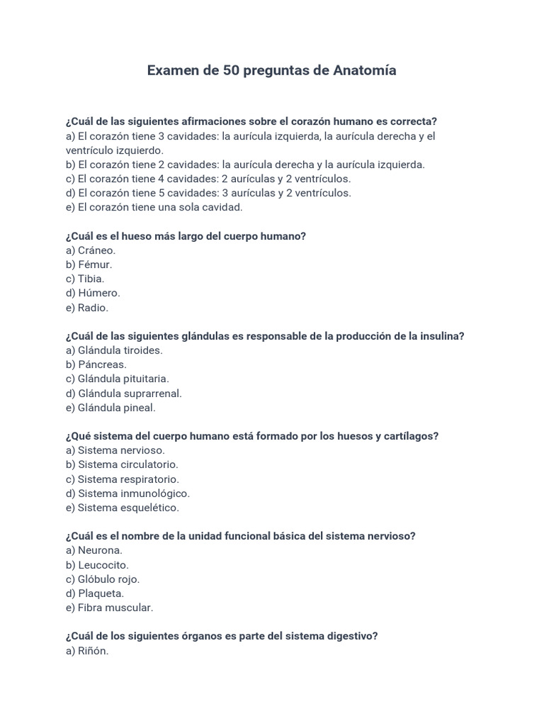 Examen de 50 Preguntas de Anatomia | PDF | Digestión | Sangre