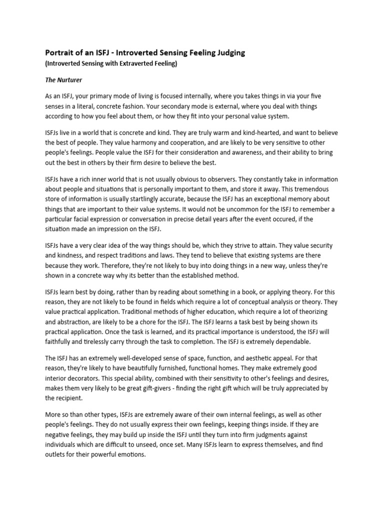 Portrait of An ISFJ (Introverted Sensing Feeling Judging) | PDF ...