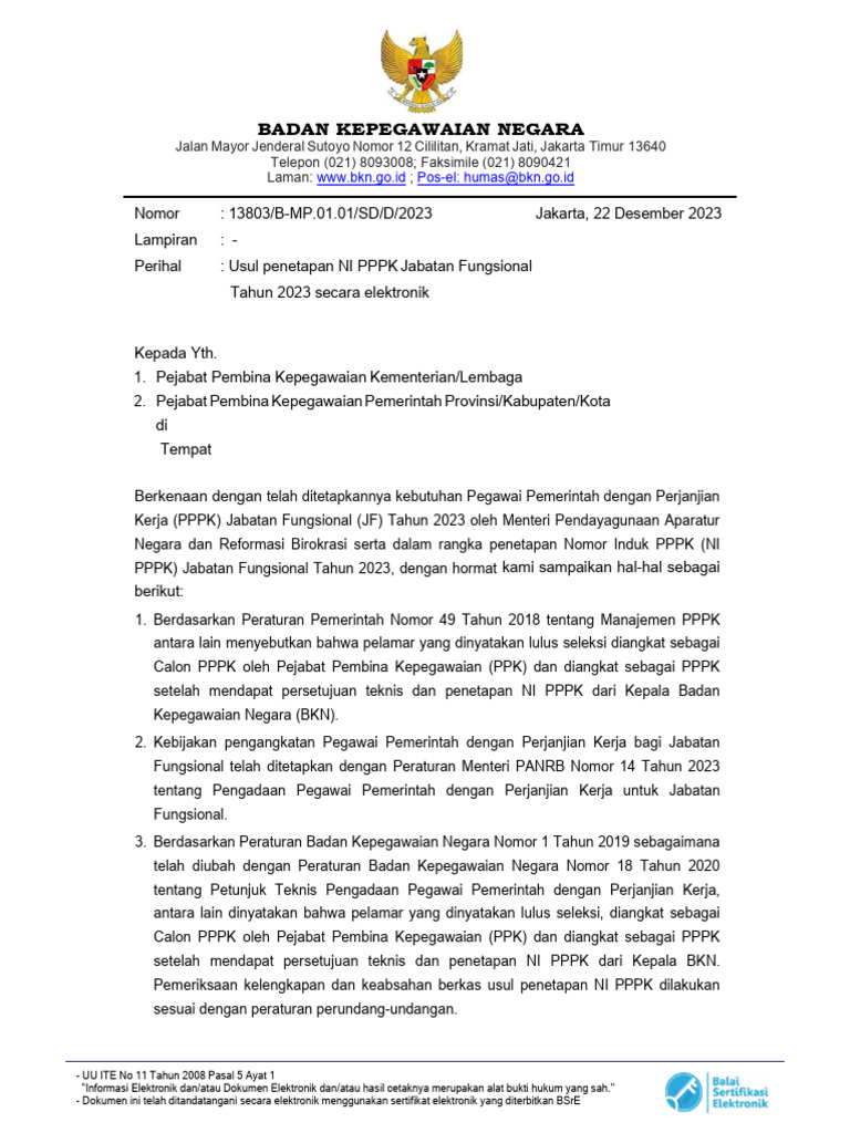 Surat Edaran Deputi Bidang Mutasi Kepegawaian Tentang Usul Penetapan NI PPPK Jabatan Fungsional ...