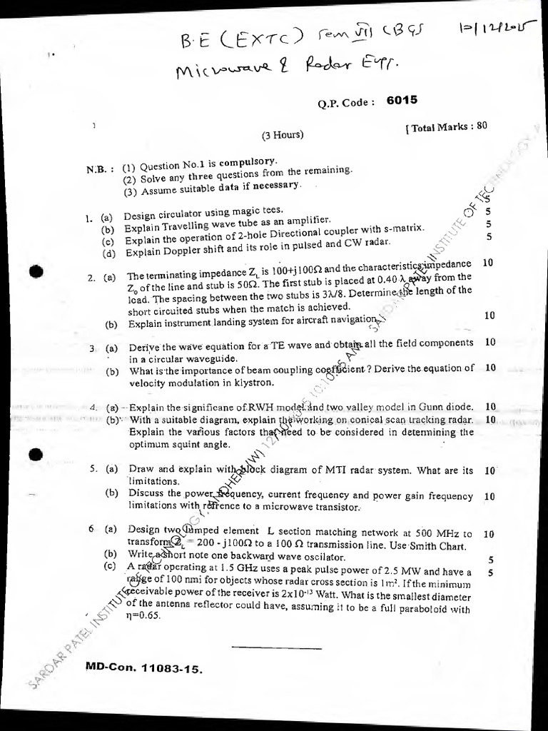 Microwave & Radar Engineering Exam | PDF | Wireless | Telecommunications