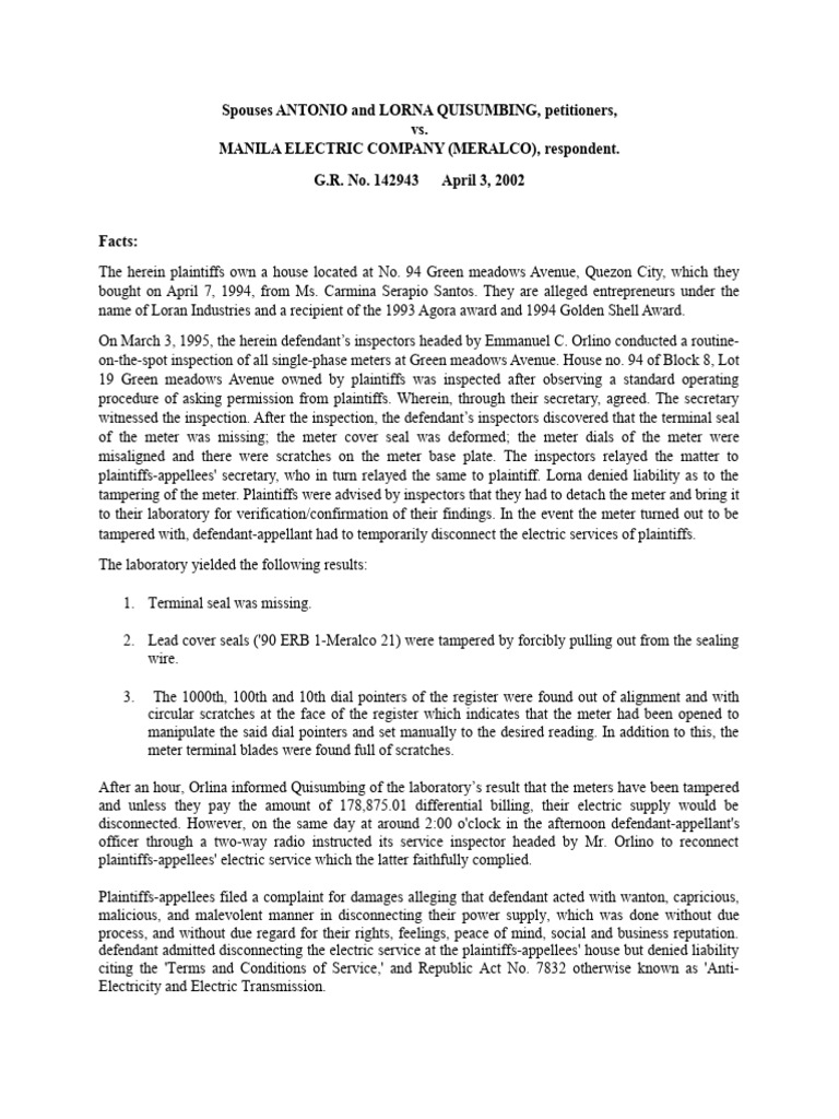 Quisumbing vs. Meralco: Meter Tampering Case | PDF | Justice | Crime & Violence