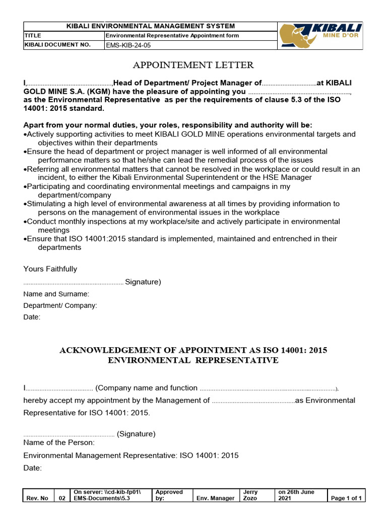 Environmental Representative Appointment Letter | PDF | Business ...