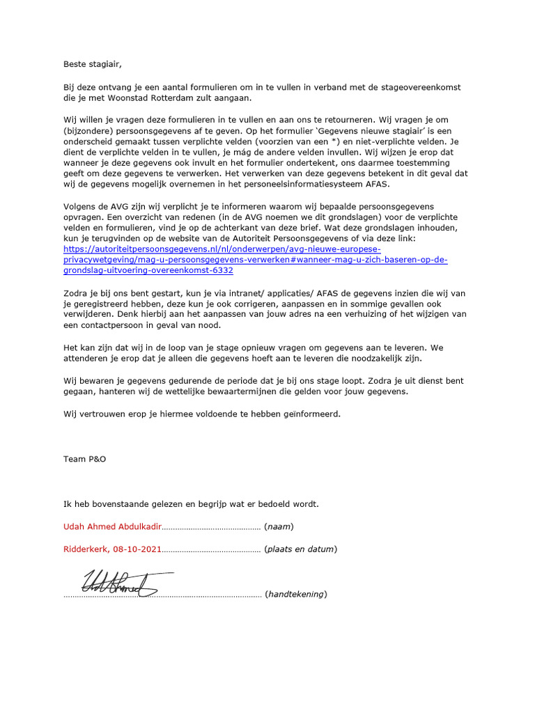 Kopie Van - Brief Inzake AVG Voor Stagiairs | PDF