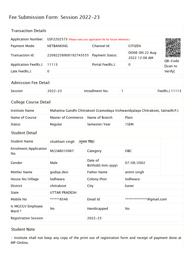 Admission Fee Submission (MGCGV)shubham singh | PDF