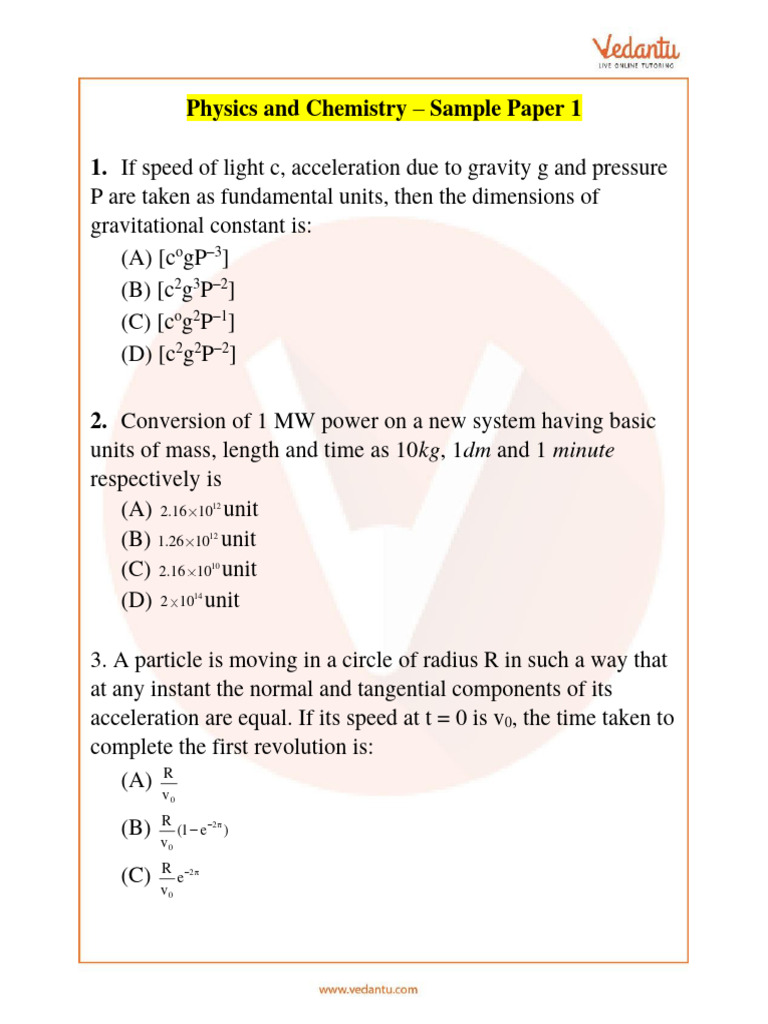 Physics and Chemistry Sample Paper 1 | PDF | Acceleration | Quantity