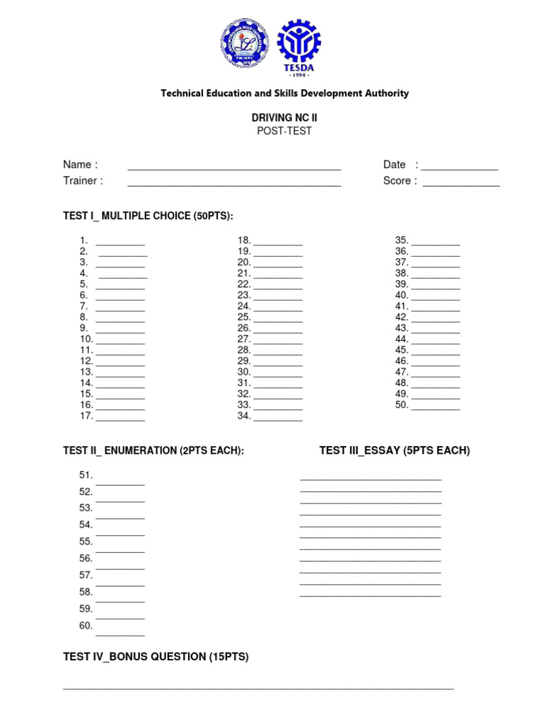 Driving NC Ii Post Test | PDF | Standardized Tests | Tests