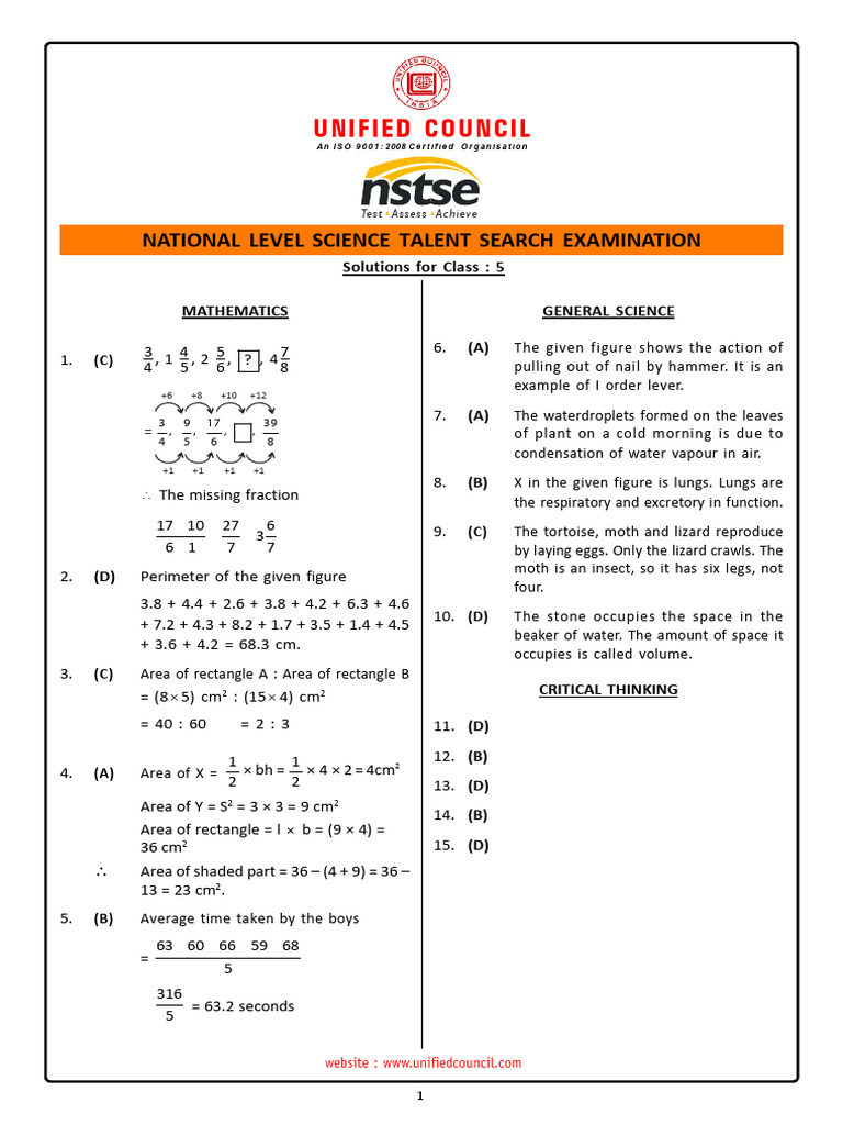 NSTSE 5 Solution | Download Free PDF | Area