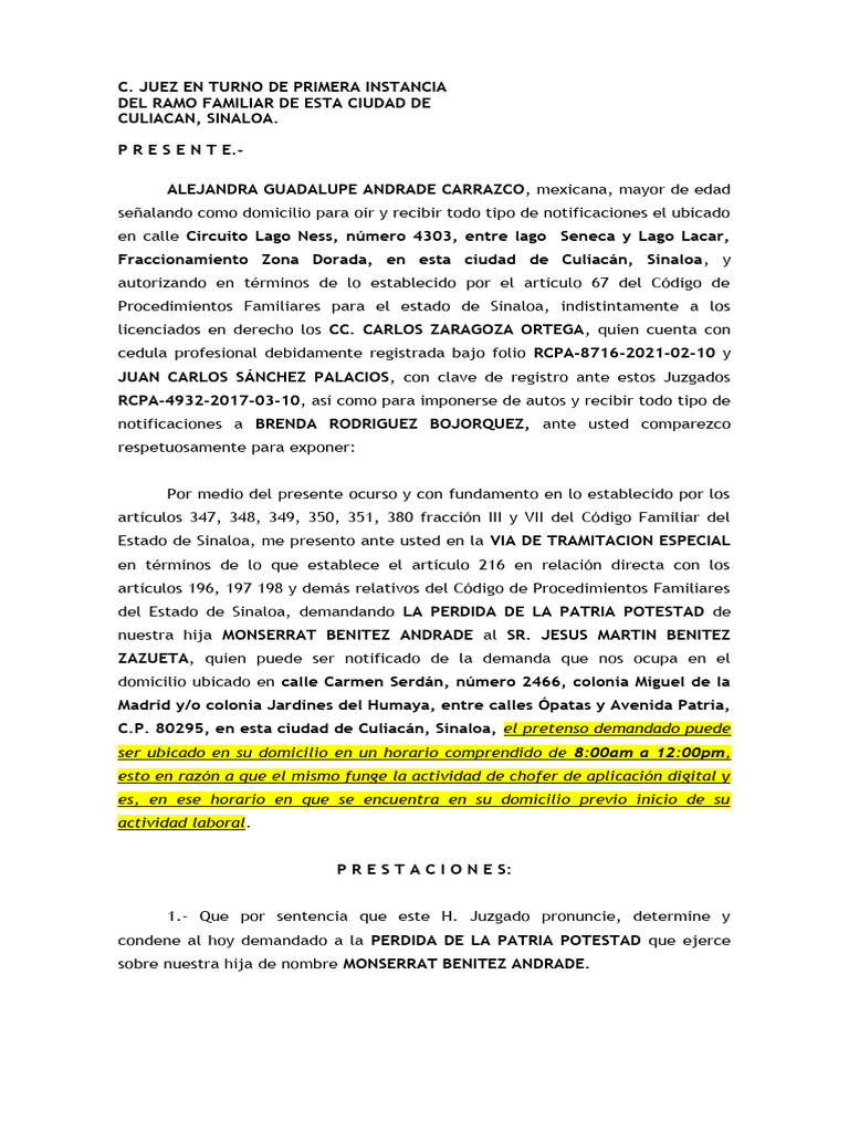 Demanda de Perdida de Patria Potestad. | PDF