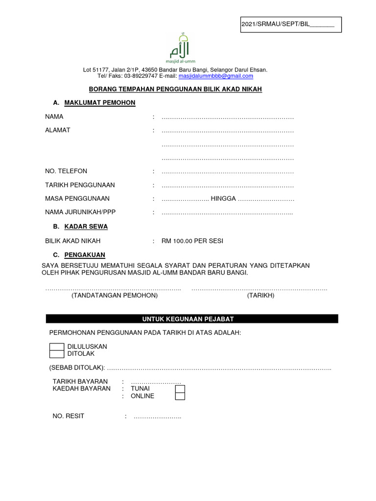 Borang Sewa Akad Nikah PKP 2021 | PDF