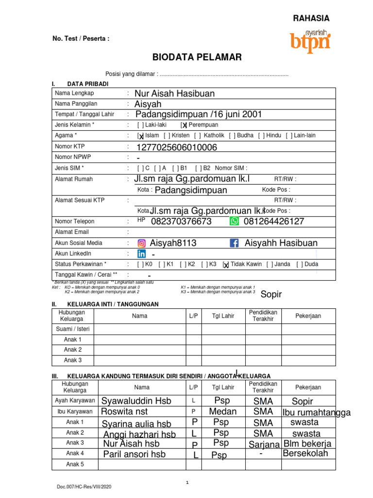 Form Biodata Pelamar New | PDF