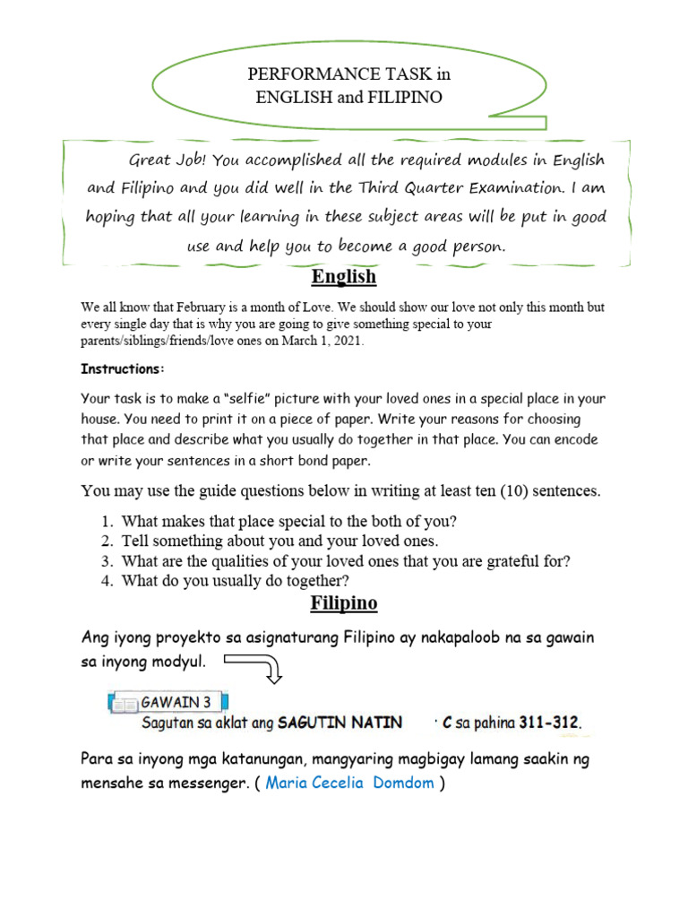 Performance Task in English and Filipino 4 | PDF