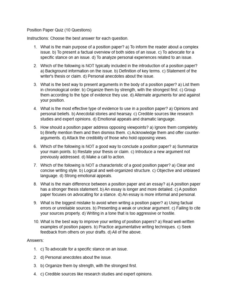 Position Paper Quiz for Students | PDF | Essays | Argument