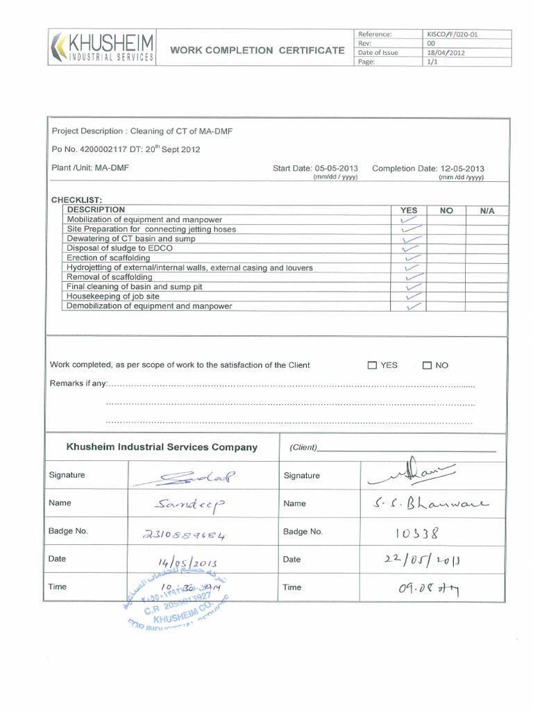 Chemanol Work Completion | PDF