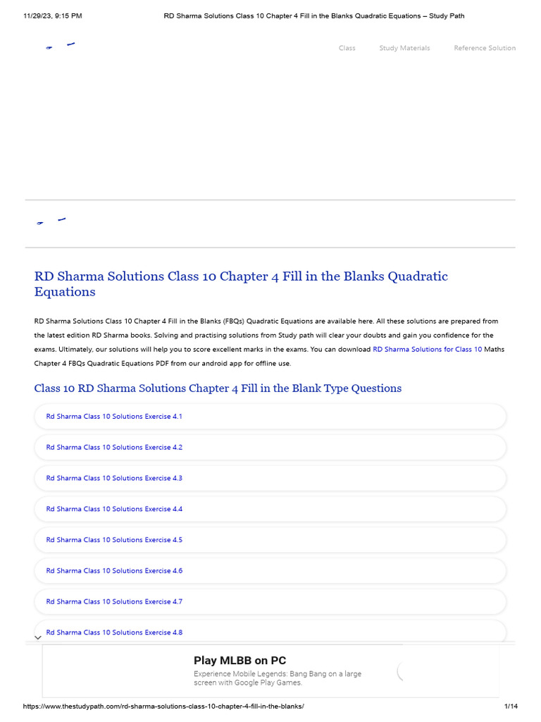 RD Sharma Solutions Class 10 Chapter 4 Fill in The Blanks Quadratic ...