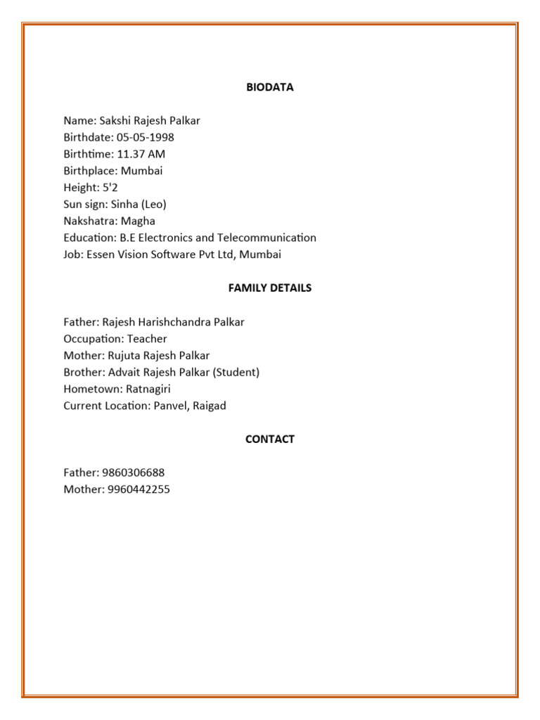 Sakshi Palkar Biodata & Family Info | PDF | Wellness