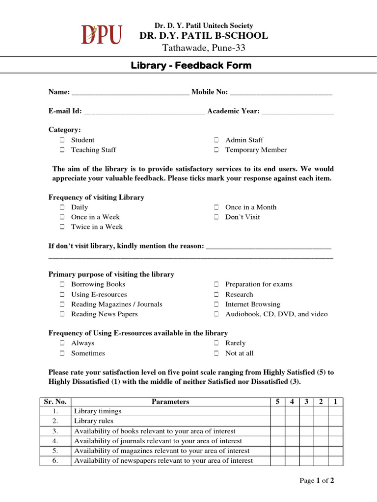 Library Feedback Form DYPBS | PDF | Libraries | Books