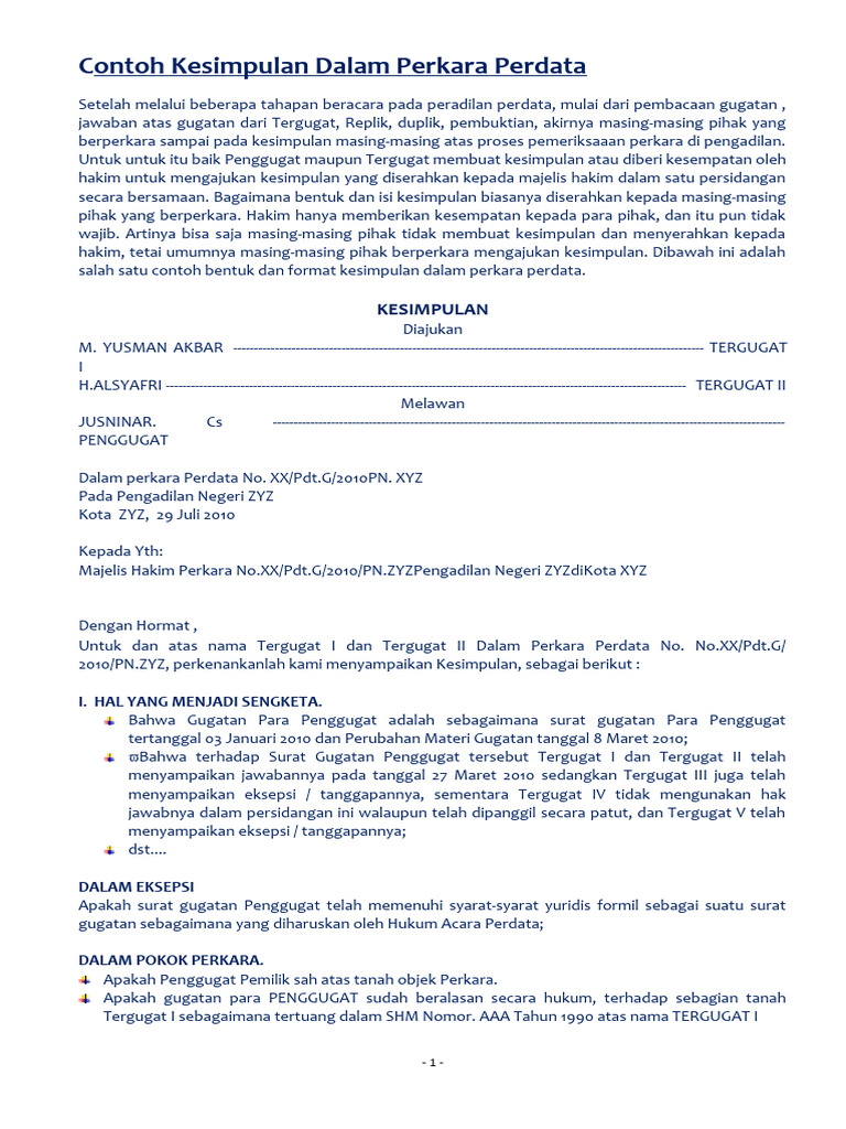Contoh Kesimpulan Perkara Perdata | PDF