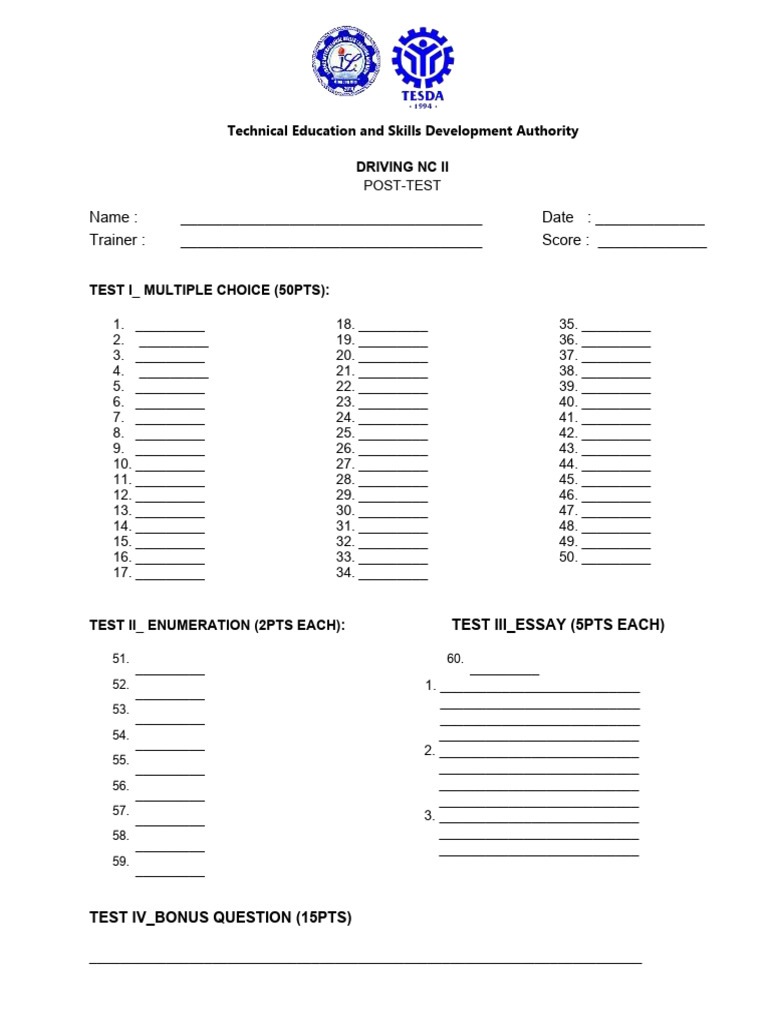 Driving NC Ii Post Test | PDF | Standardized Tests | Tests