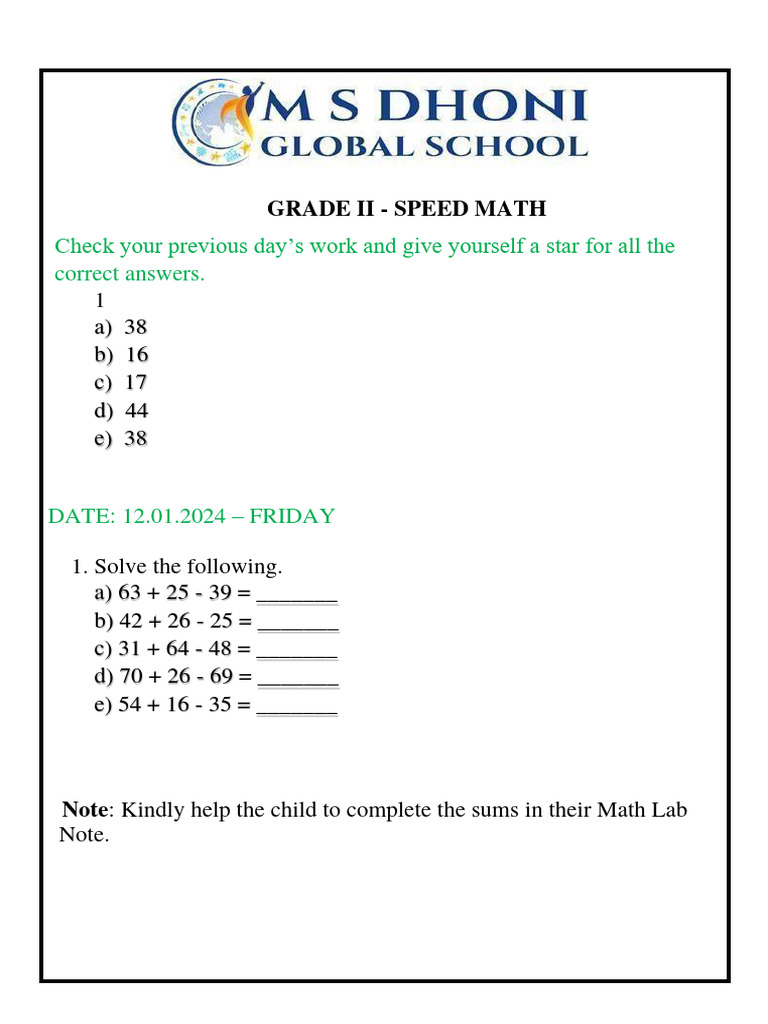 Grade 2 Speed Math January 12.01.2024 | PDF | Teaching Methods ...