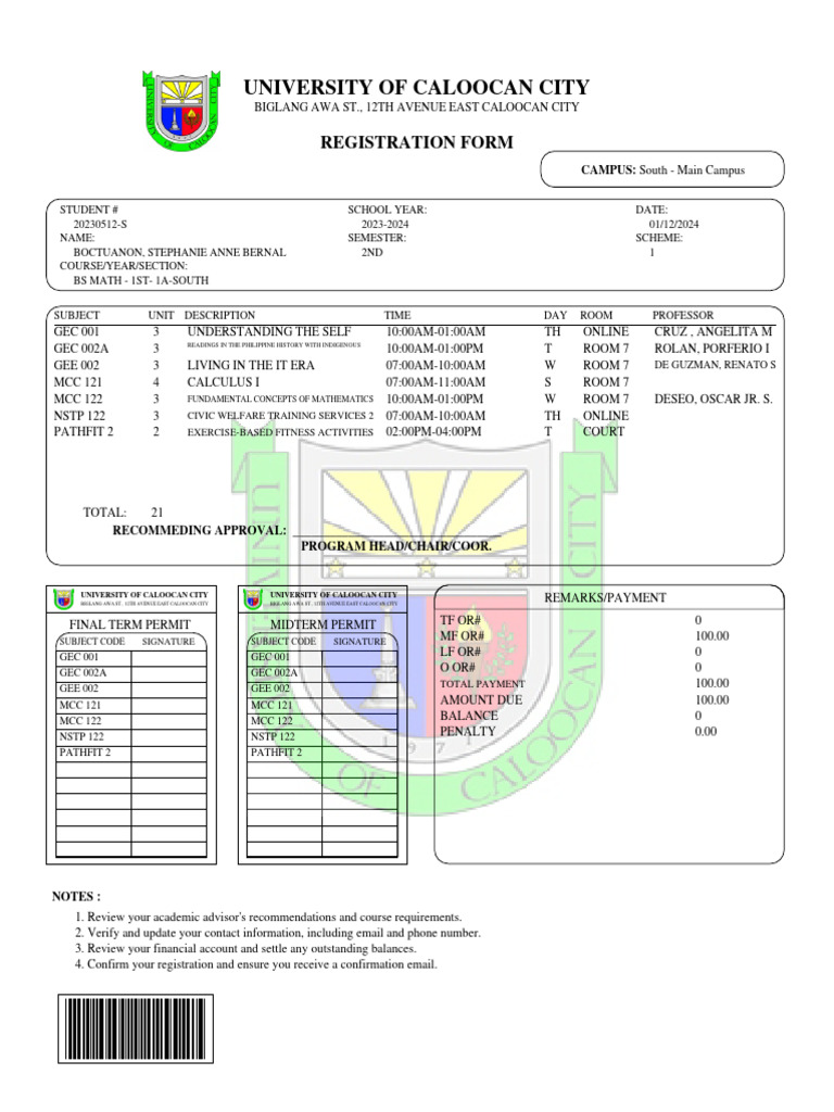 University of Caloocan City: Registration Form | PDF