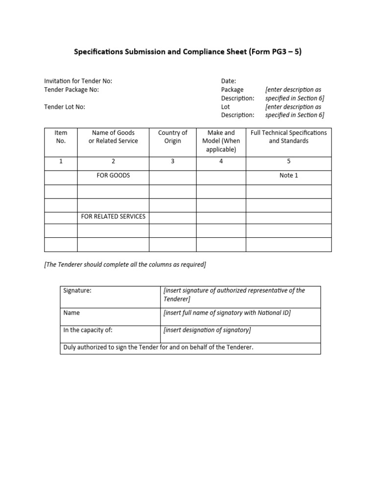 Specifications Submission and Compliance Sheet (Form PG3 - 5) | PDF | Technology & Engineering