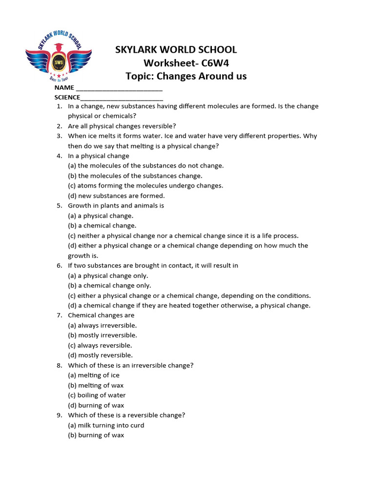 Class-6th Science Worksheet Changes Around Us | PDF | Water | Chemical ... Class-6th Science Worksheet Changes Around Us | PDF | Water | Chemical ...