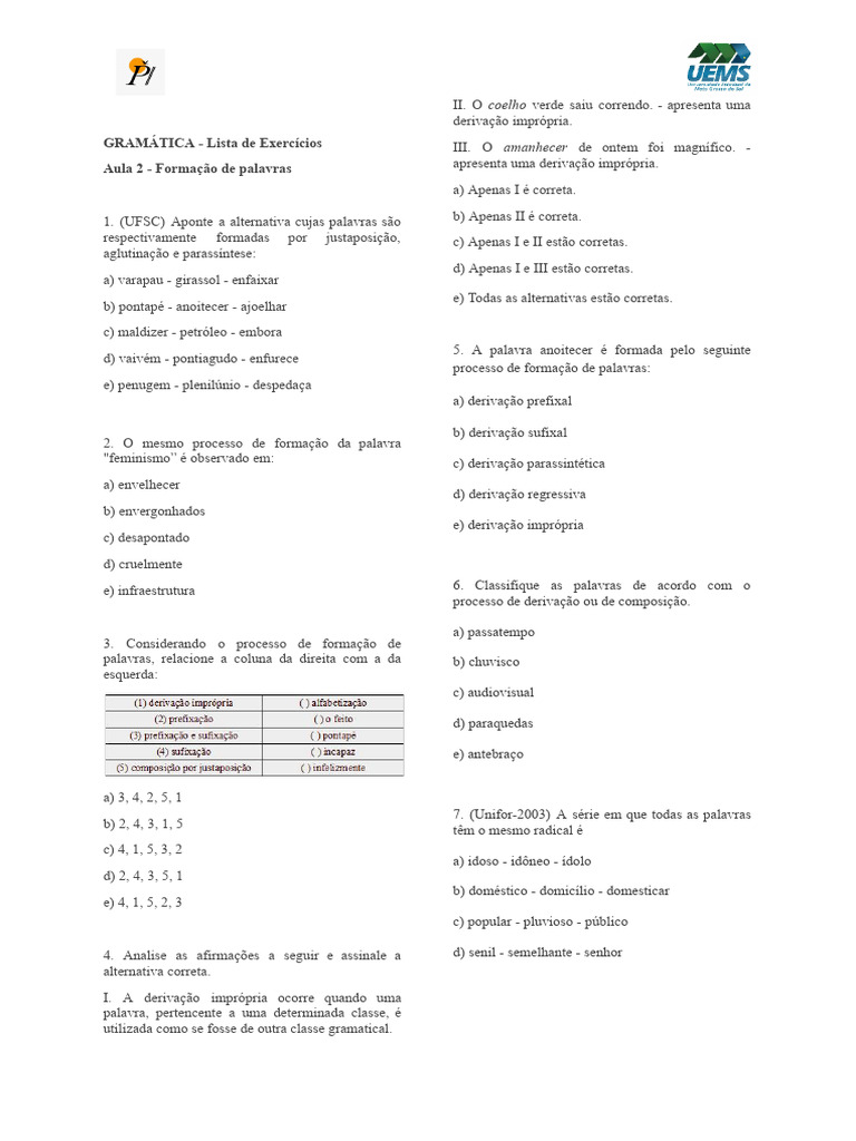 Aula 2 - Gramatica (Exercicios) | PDF