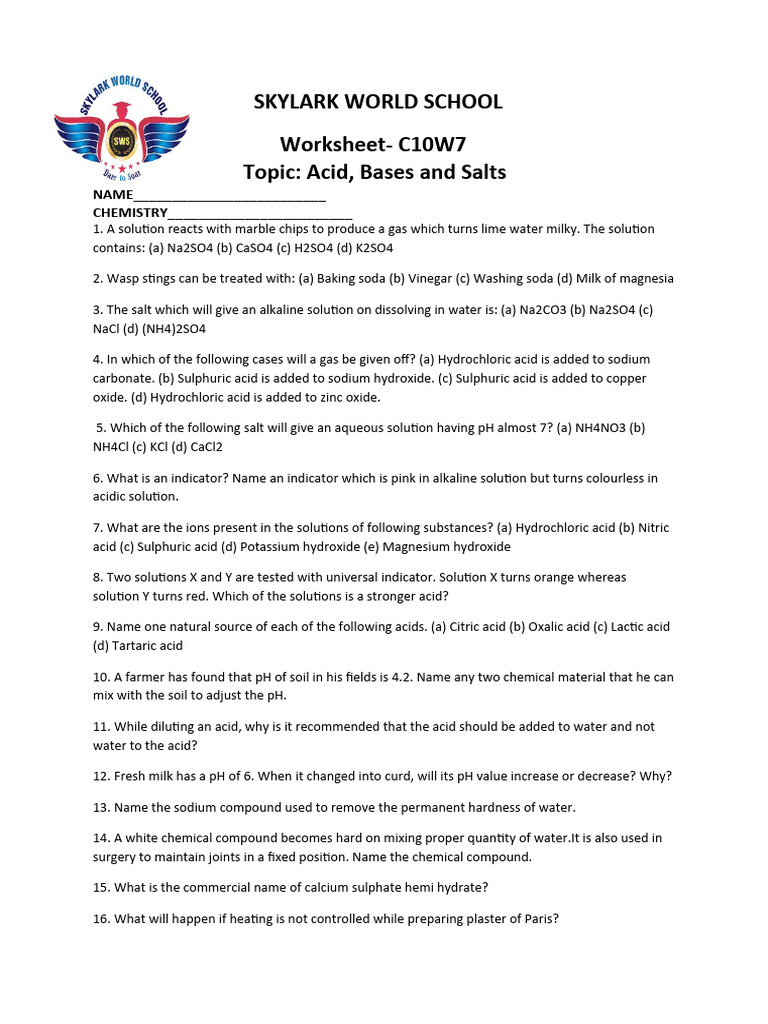 Acid, Bases and Salts New Worksheet | PDF | Acid | Sodium Carbonate