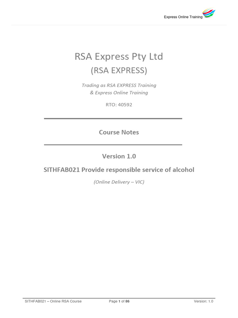 SITHFAB021 - VIC RSA - Course Notes | PDF