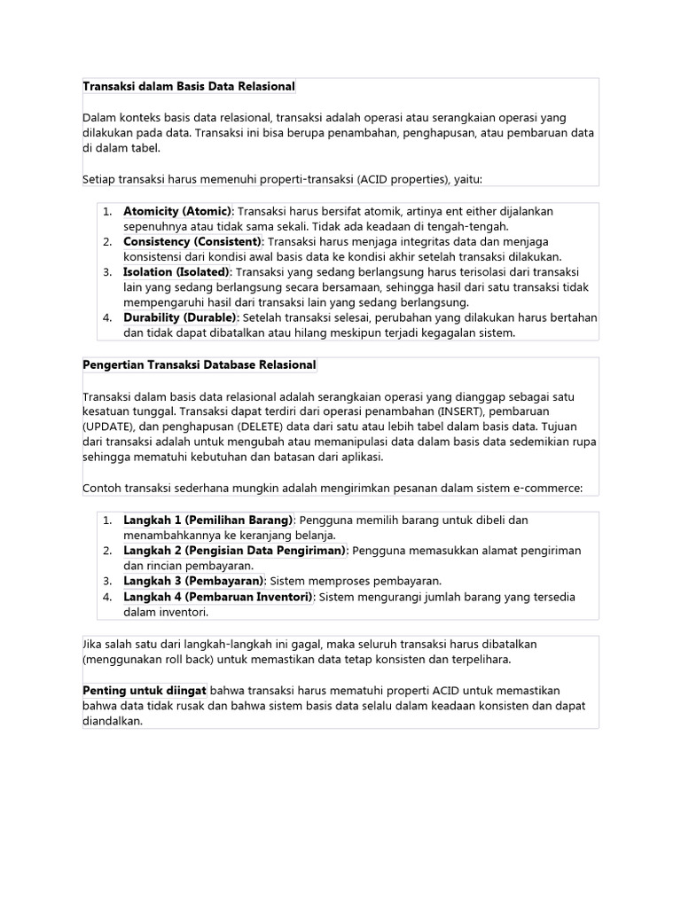 Transaksi Dalam Basis Data Relasional | PDF | Bisnis | Komputer